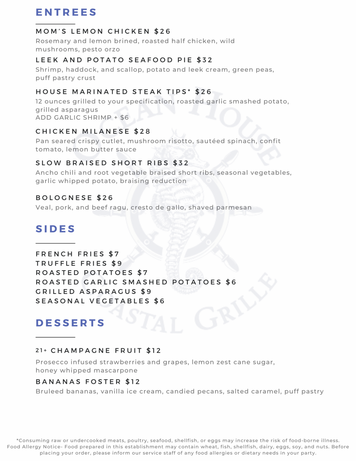 Seafood Menu | Ocean House Coastal Grille